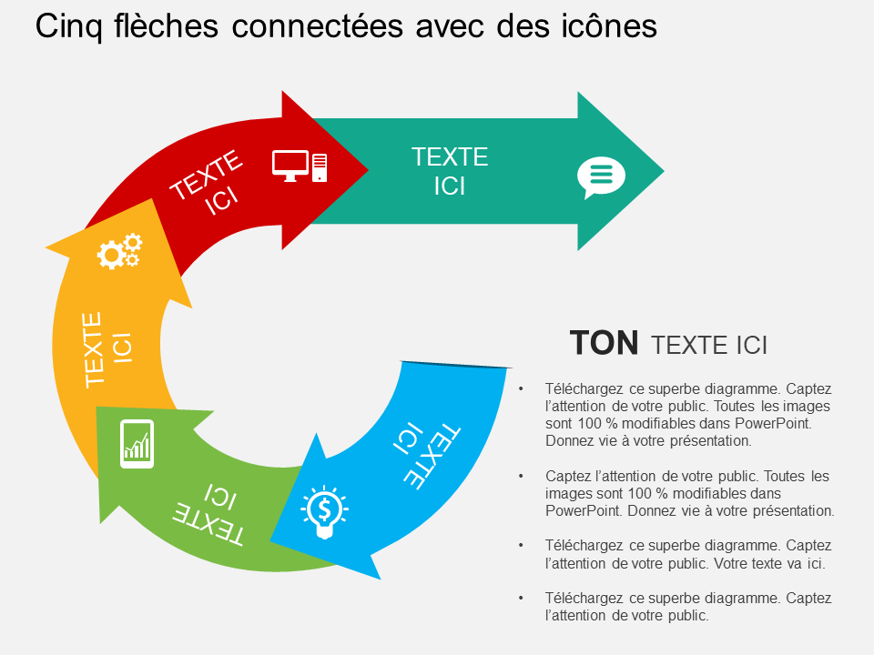Wr cinq flèches connectées avec des icônes design powerpoint plat PPT ...