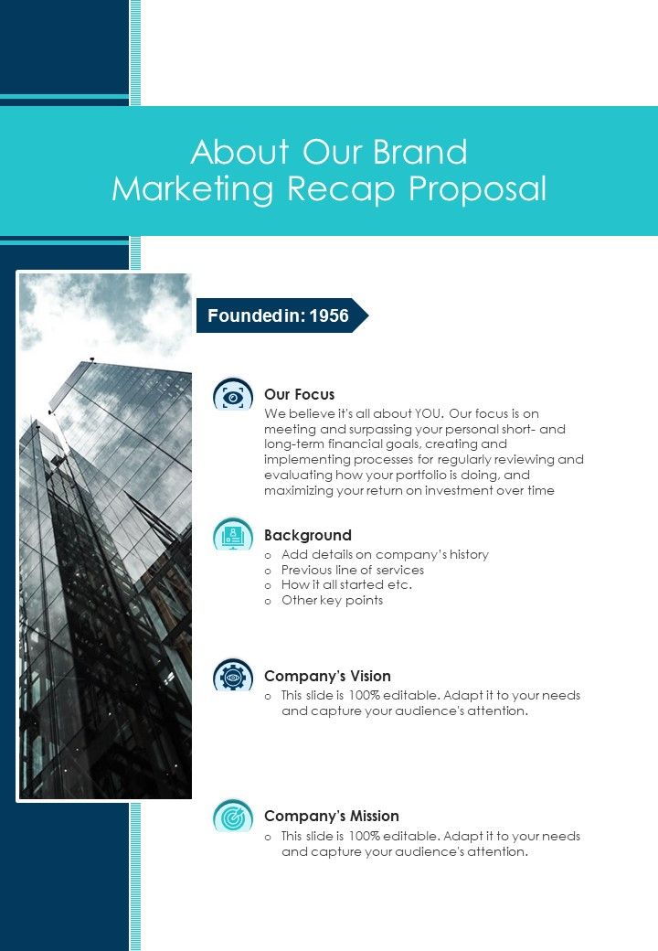 About Our Brand Marketing Recap Proposal One Pager Sample Example Document | Presentation ...