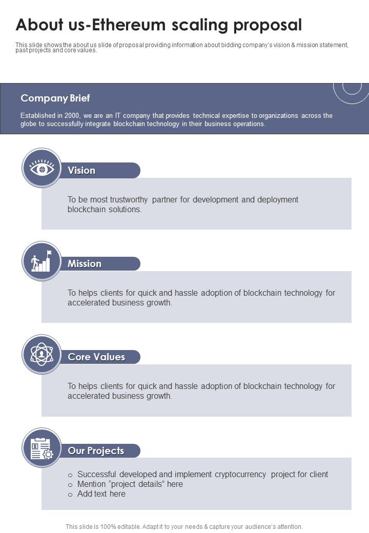 About Us Ethereum Scaling Proposal One Pager Sample Example Document PPT Template