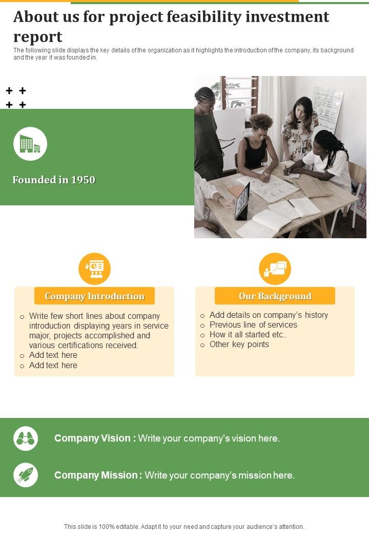 About Us For Project Feasibility Investment Report One Pager Sample Example Document PPT ...