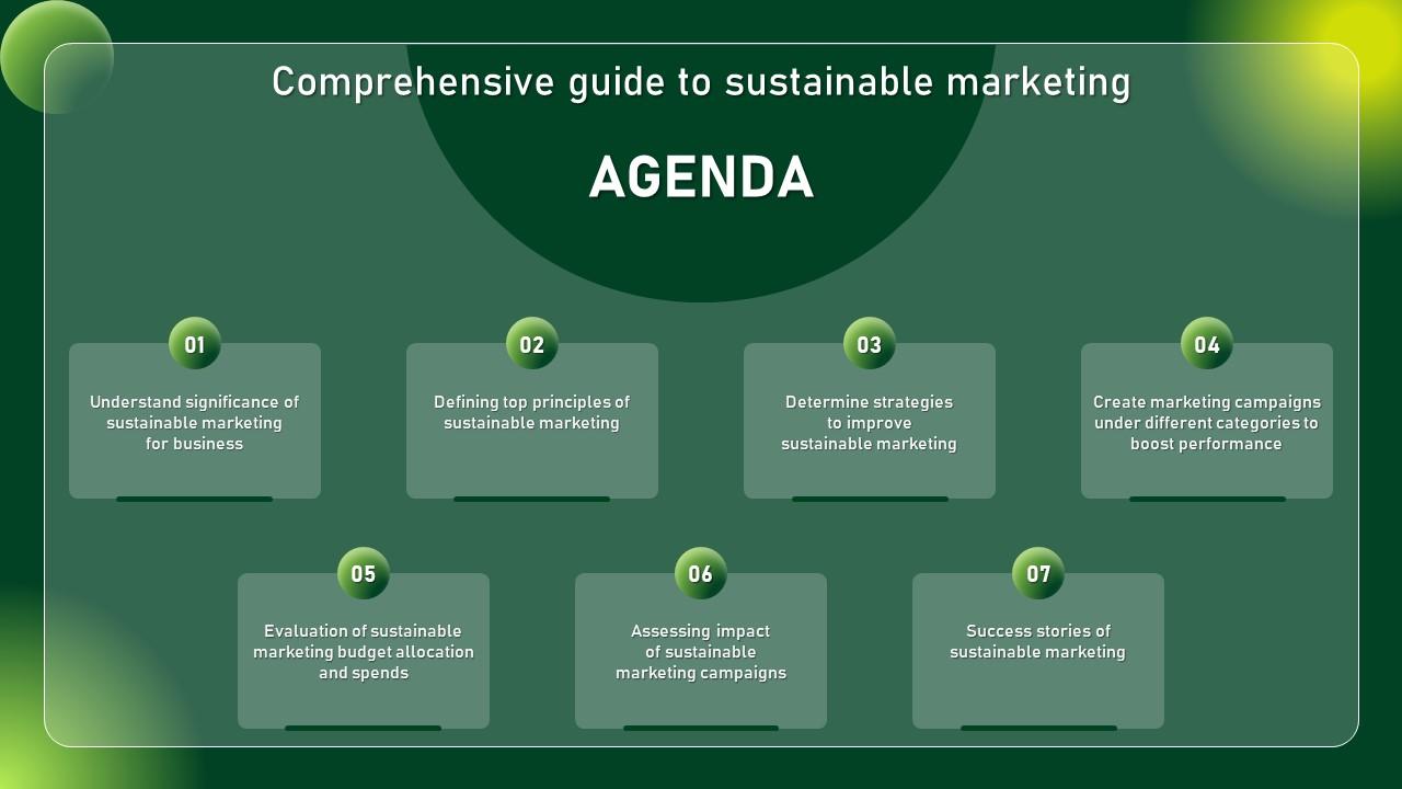 Agenda Comprehensive Guide To Sustainable Marketing Mkt SS PPT Slide Agenda Comprehensive Guide To Sustainable Marketing Mkt SS PPT Slide