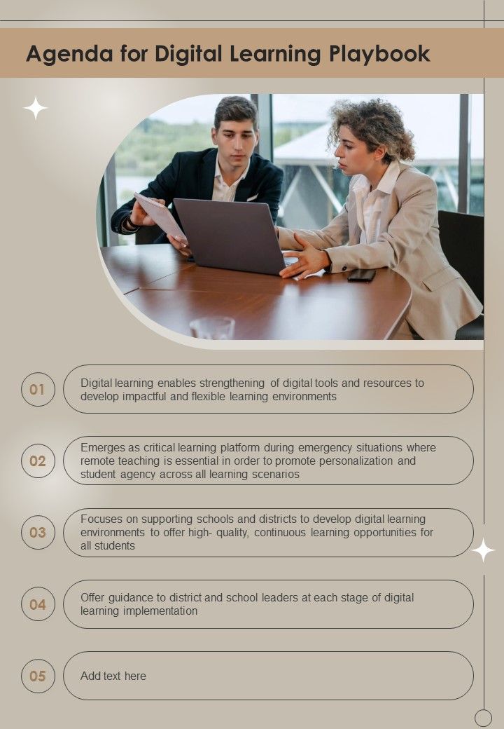 Agenda For Digital Learning Playbook One Pager Sample Example Document PPT Presentation