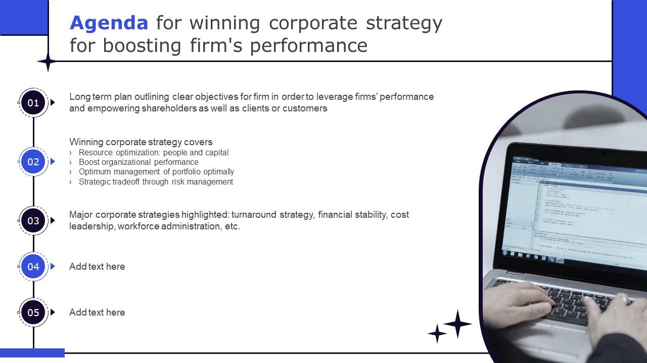 Agenda For Winning Corporate Strategy For Boosting Firms Performance Ppt Example