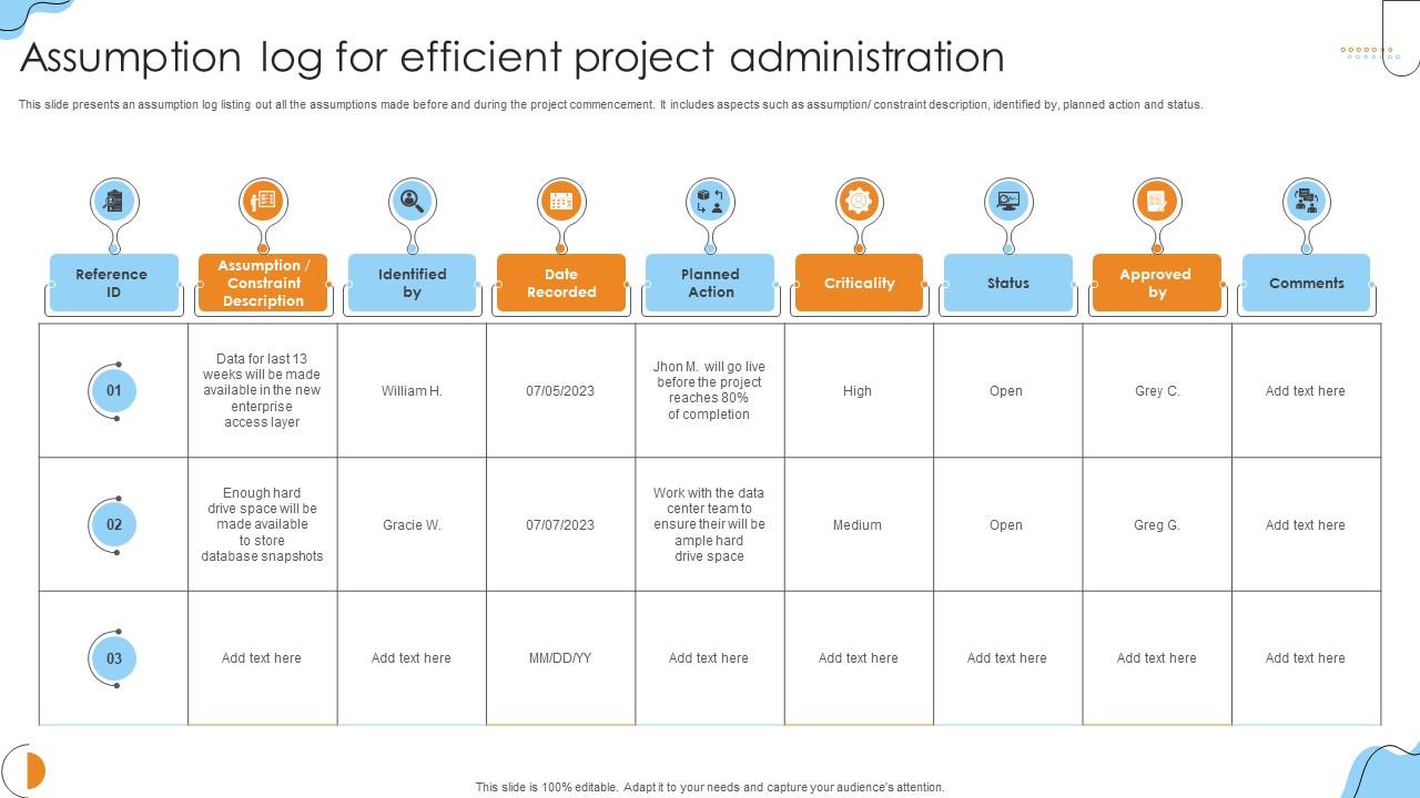 Assumption Log For Efficient Project Administration Ppt Powerpoint