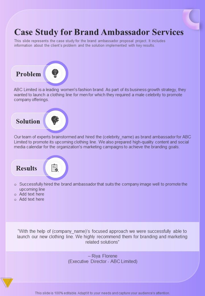 Case Study For Brand Ambassador Services One Pager Sample Example Document PPT Template