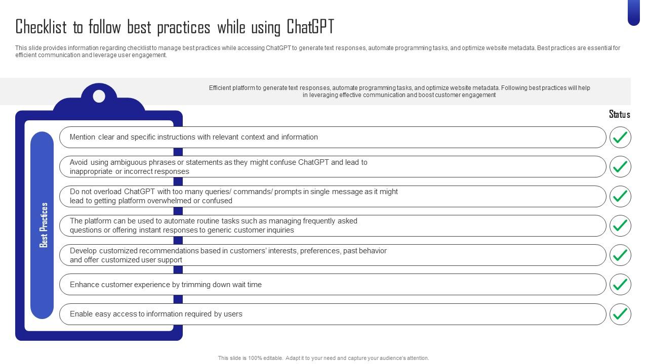 Chatgpt Next Generation Ai Checklist To Follow Best Practices While Using Chatgpt Ss V Ppt Slide