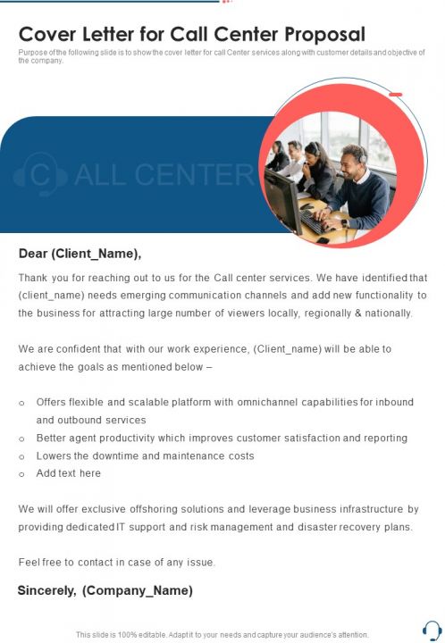 Cover Letter For Call Center Proposal One Pager Sample Example Document | Presentation Graphics ...