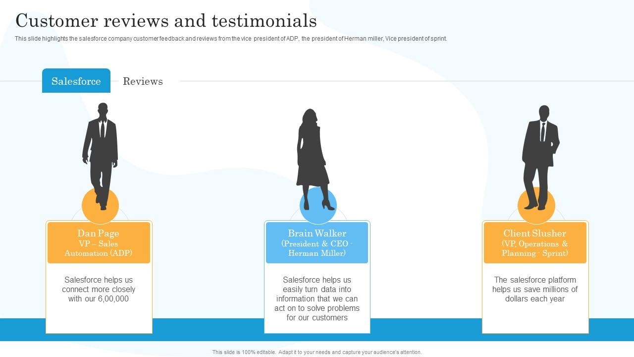 Customer Reviews And Testimonials Salesforce Company Profile Ppt Slides