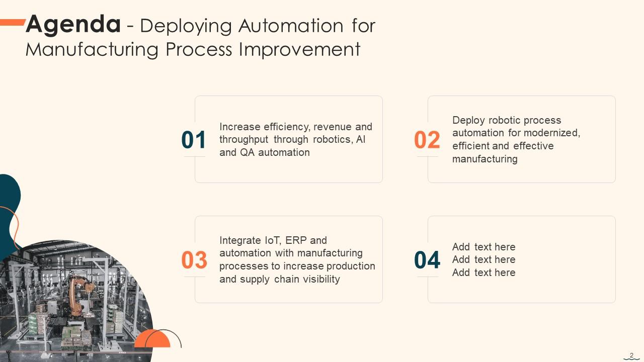 Deploying Automation For Manufacturing Process Improvement Powerpoint Presentation Slides Ppt