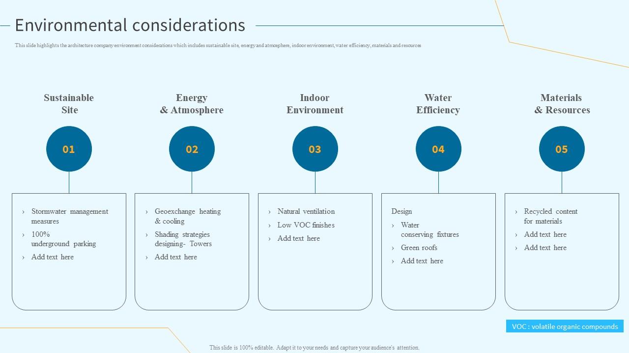 Environmental Considerations Architectural Planning And Design Services Company Profile Ppt Example