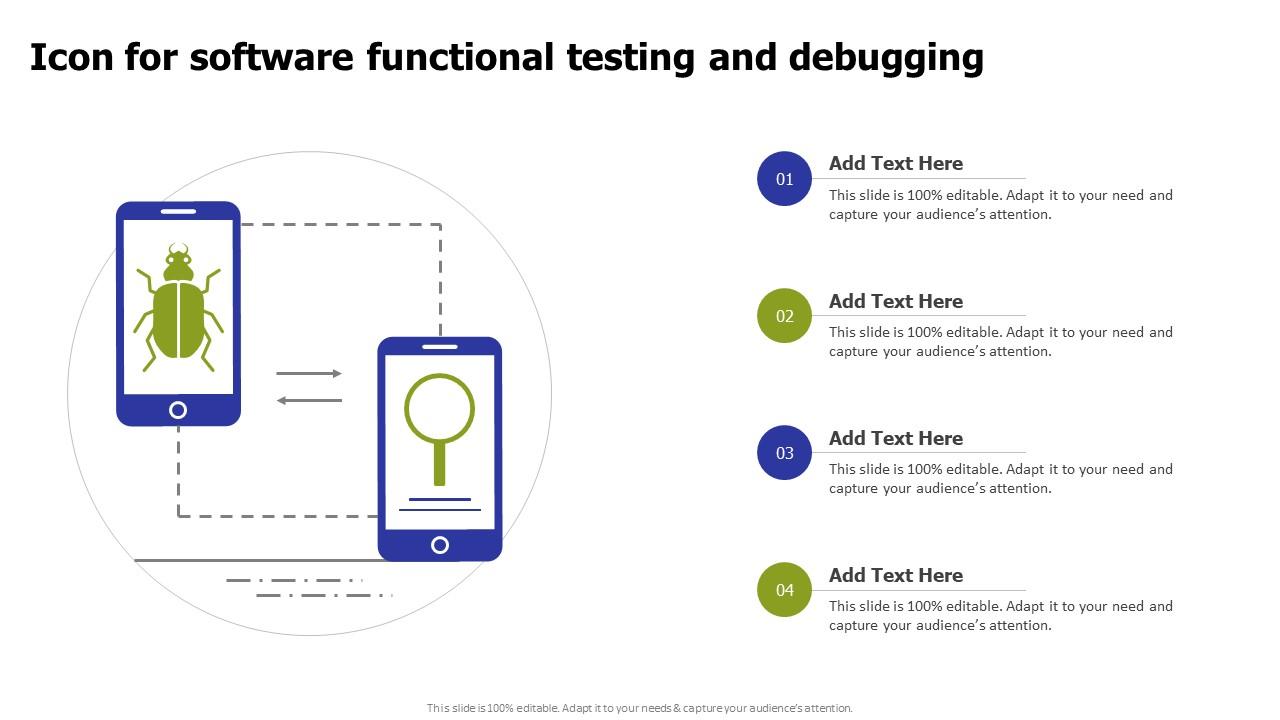 Icon For Software Functional Testing And Debugging PPT Sample