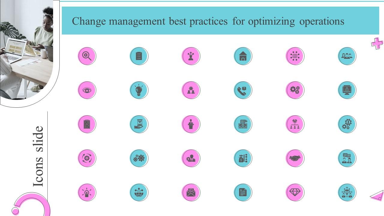 Icons Slide Change Management Best Practices For Optimizing Operations PPT Template