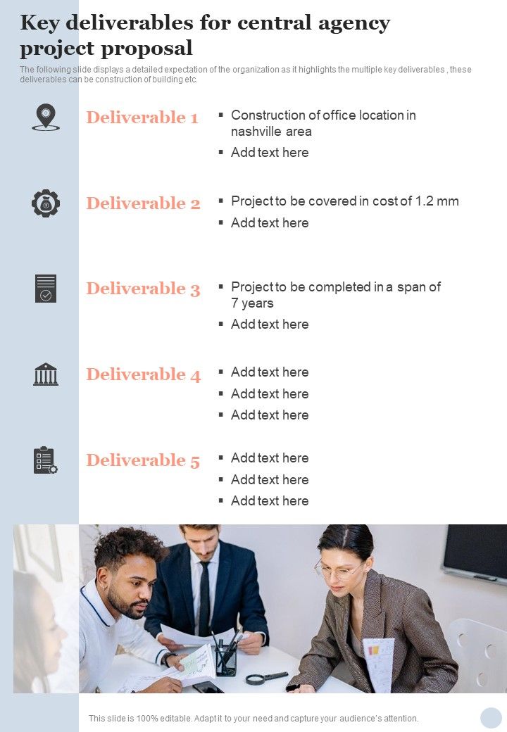 Key Deliverables For Central Agency Project Proposal One Pager Sample Example Document PPT ...