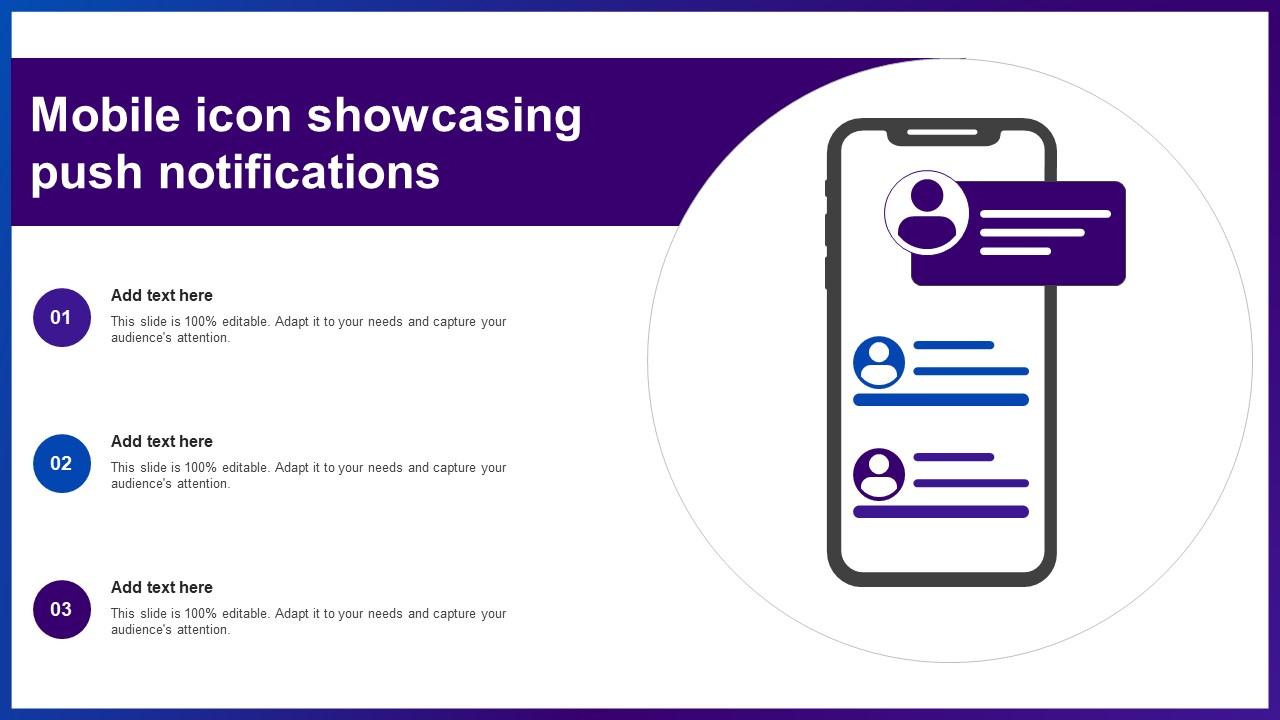 Mobile Icon Showcasing Push Notifications PPT Template