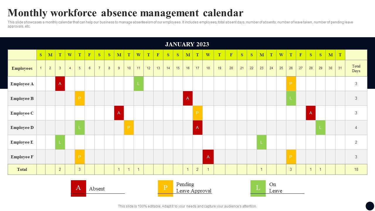 Monthly Workforce Absence Management Calendar Streamlined Workforce ...