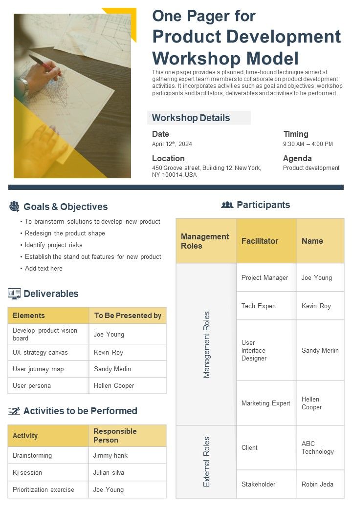 One Pager For Product Development Workshop Model Presentation Report Infographic PPT PDF ...