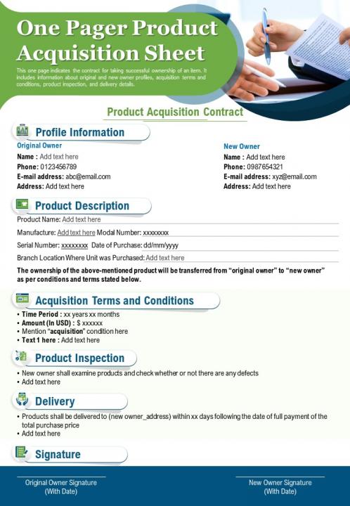 One Pager Product Acquisition Sheet Presentation Report Infographic Ppt Pdf Document ...