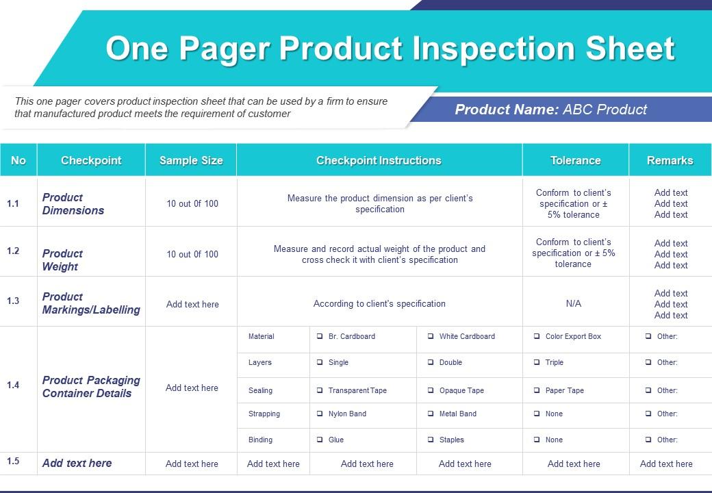 One Pager Product Inspection Sheet Presentation Report Infographic PPT PDF Document ...