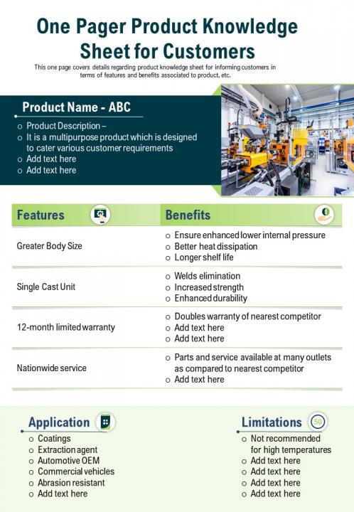 One Pager Product Knowledge Sheet For Customers Presentation Report Infographic PPT PDF Document ...