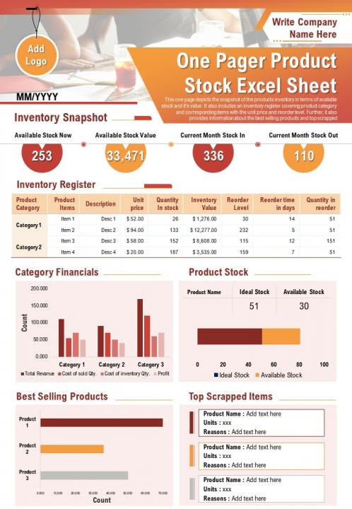 One Pager Product Stock Excel Sheet Presentation Report Infographic PPT PDF Document ...