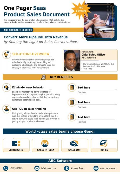 One Pager Saas Product Sales Document Presentation Report Infographic PPT PDF Document ...