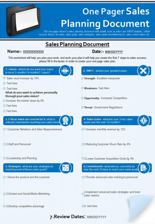 One Pager Sales Planning Document Presentation Report Infographic PPT PDF Document ...