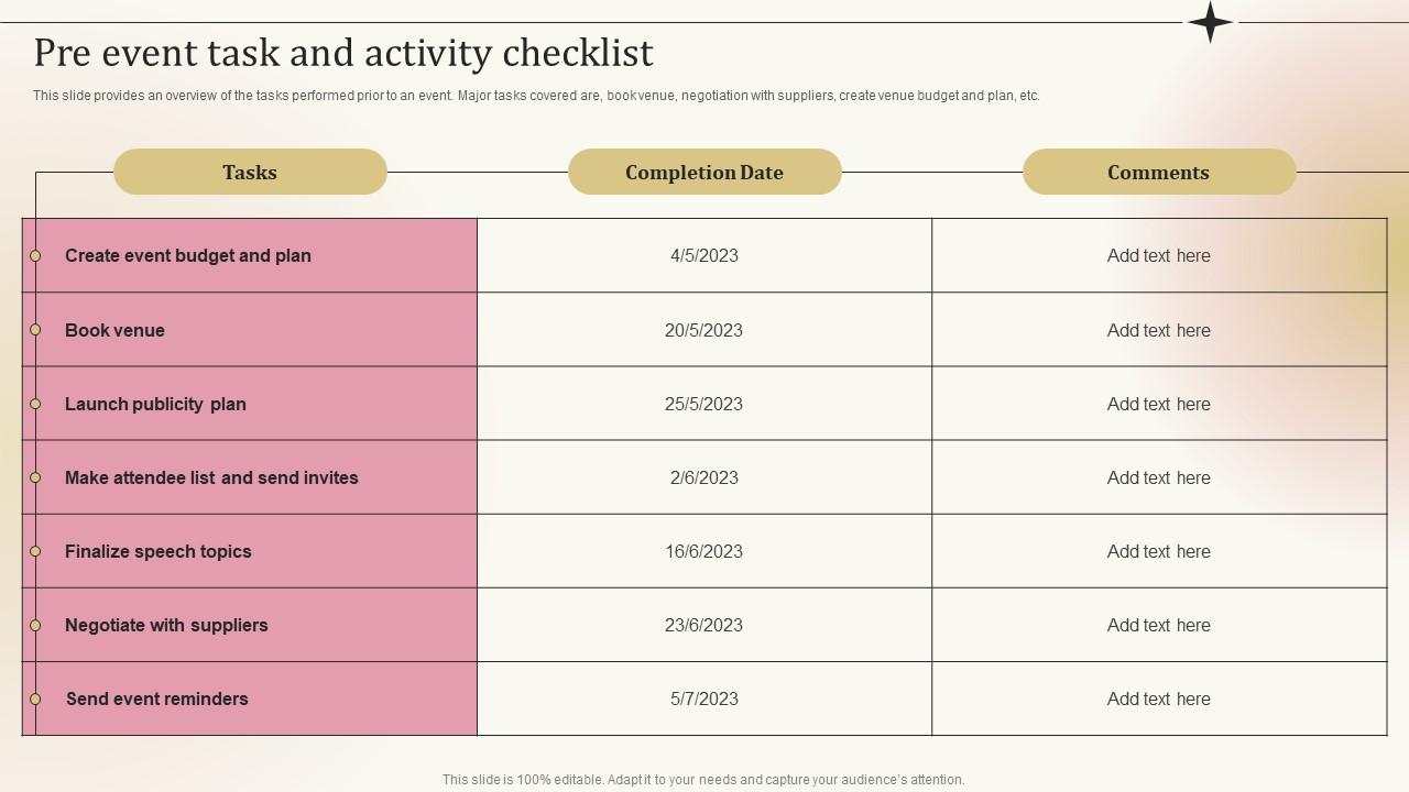Pre Event Task And Activity Checklist Ppt Powerpoint Presentation Ideas