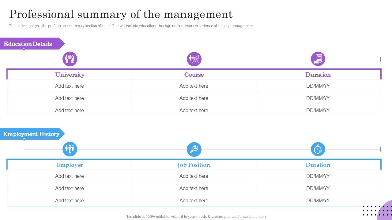 Professional Summary Of The Management BP SS PPT Sample