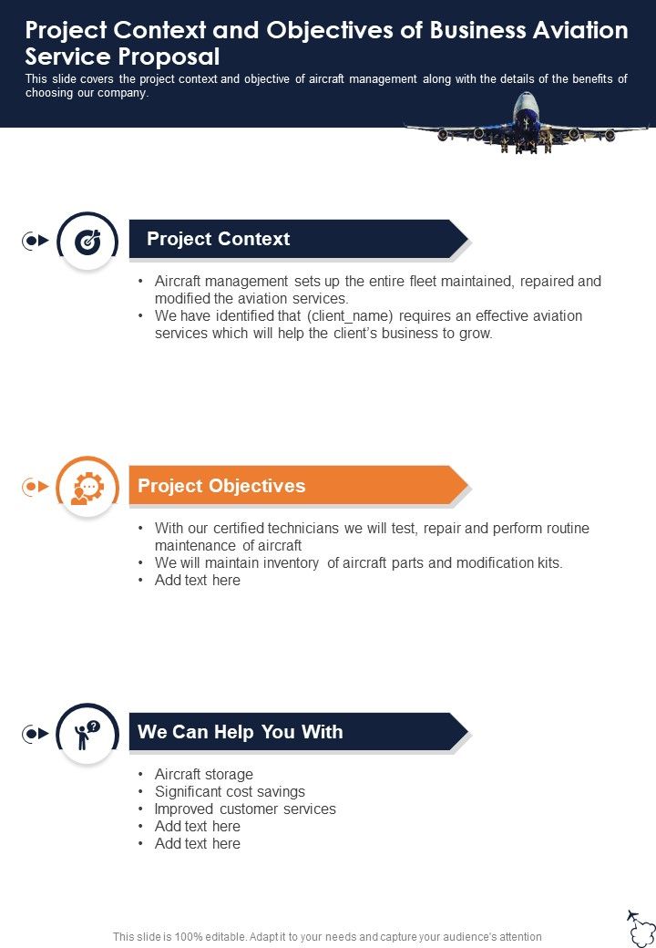 Project Context And Objectives Of Business Aviation Service Proposal One Pager Sample Example ...