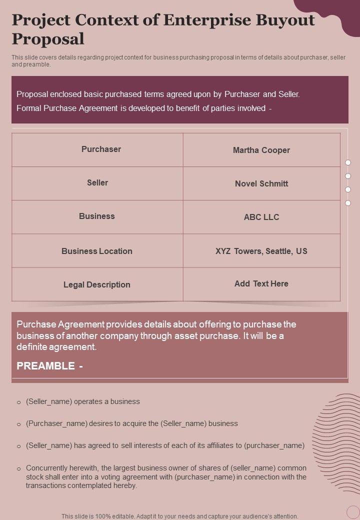 Project Context Of Enterprise Buyout Proposal One Pager Sample Example Document PPT Example