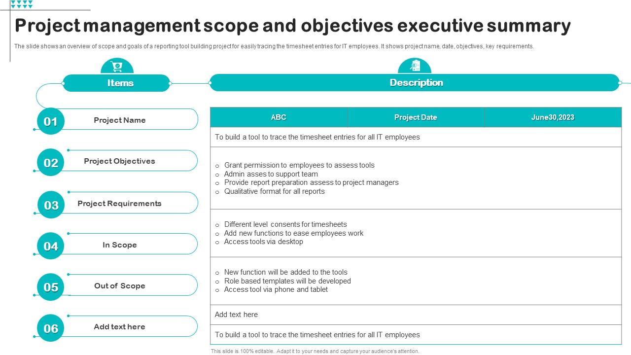 Project Management Scope And Objectives Executive Summary Ppt Presentation