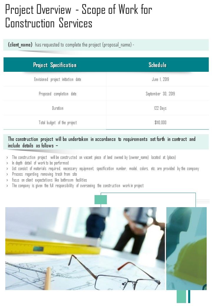 Project Overview Scope Of Work For Construction Services Construction One Pager Sample Example ...
