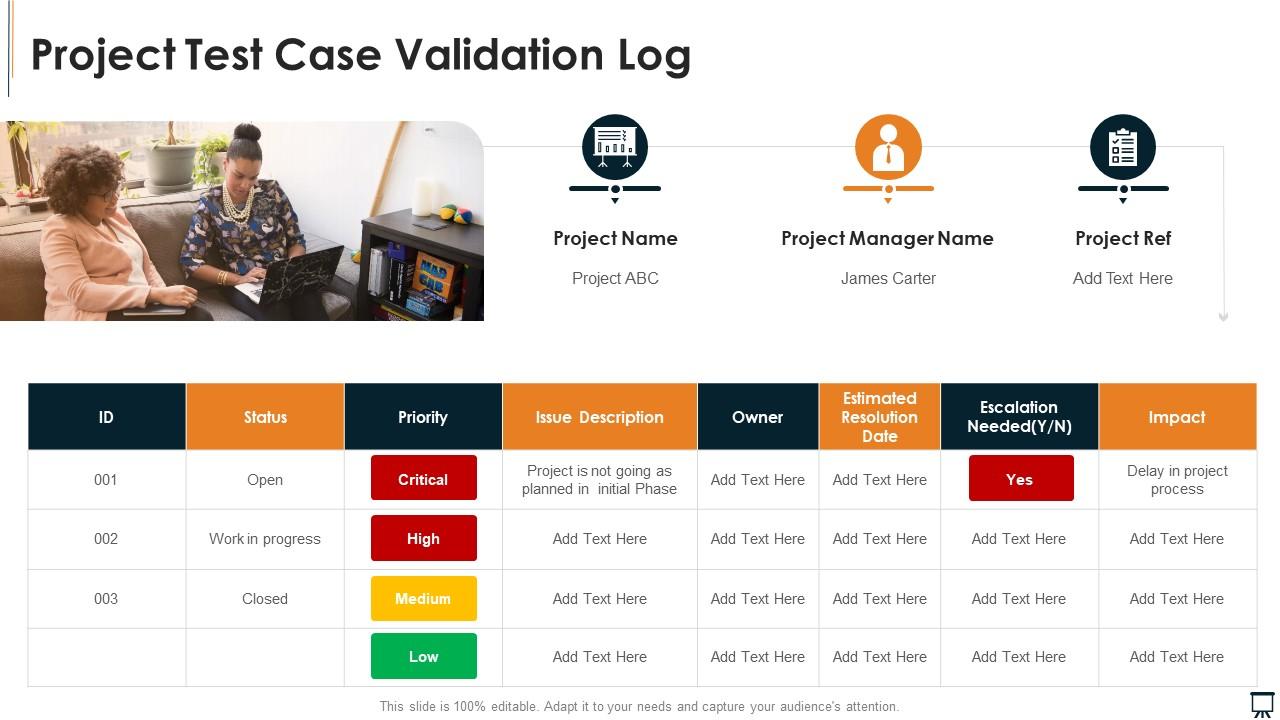 Project Test Case Validation Log Testing Templates Bundle Ppt