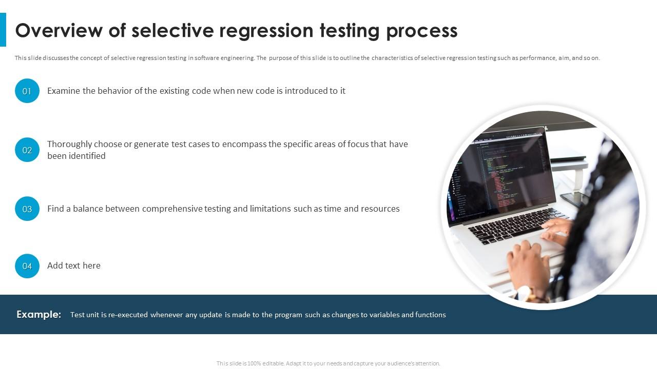 Regression Testing For Software Quality Overview Of Selective Regression Testing Process Ppt Example