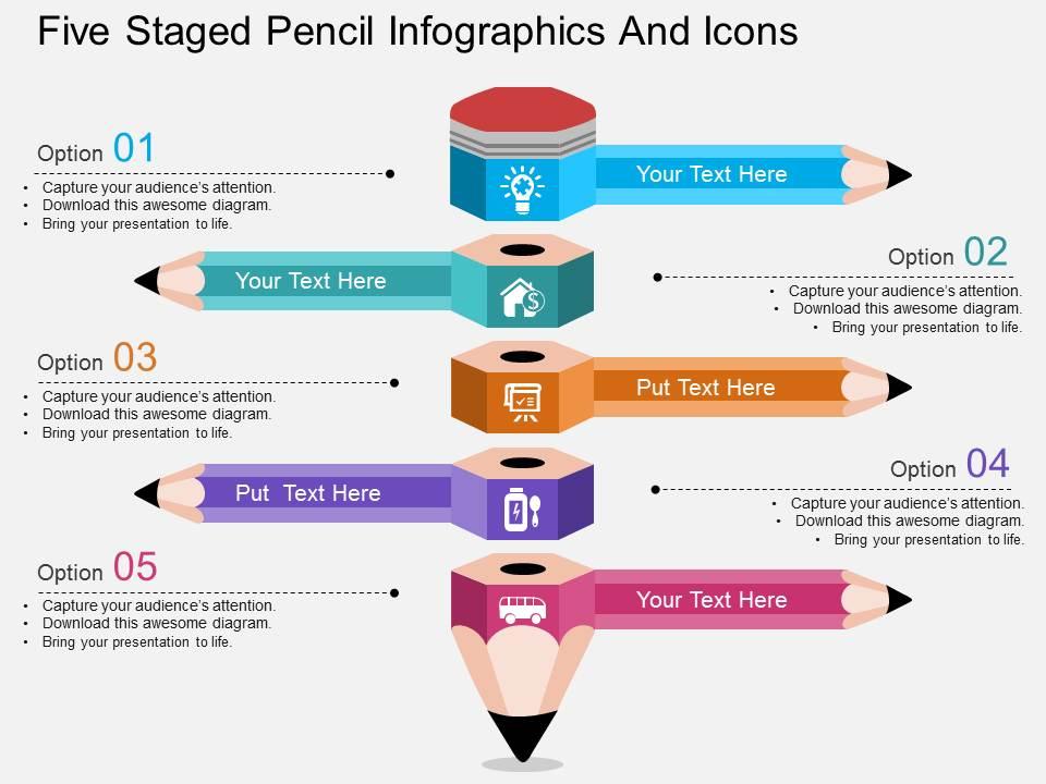 rr Five Staged Pencil Infographics And Icons Flat Powerpoint Design ...