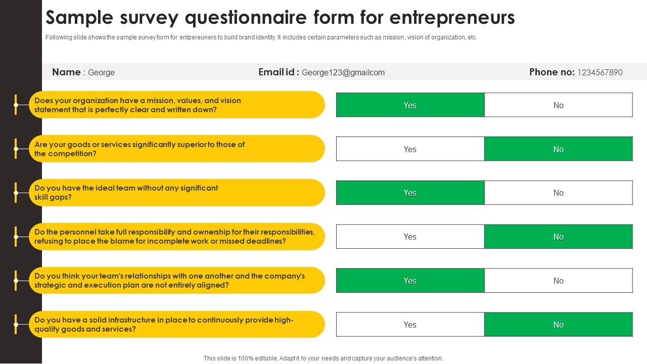 Sample Survey Questionnaire Form For Entrepreneurs Survey SS PPT Slide