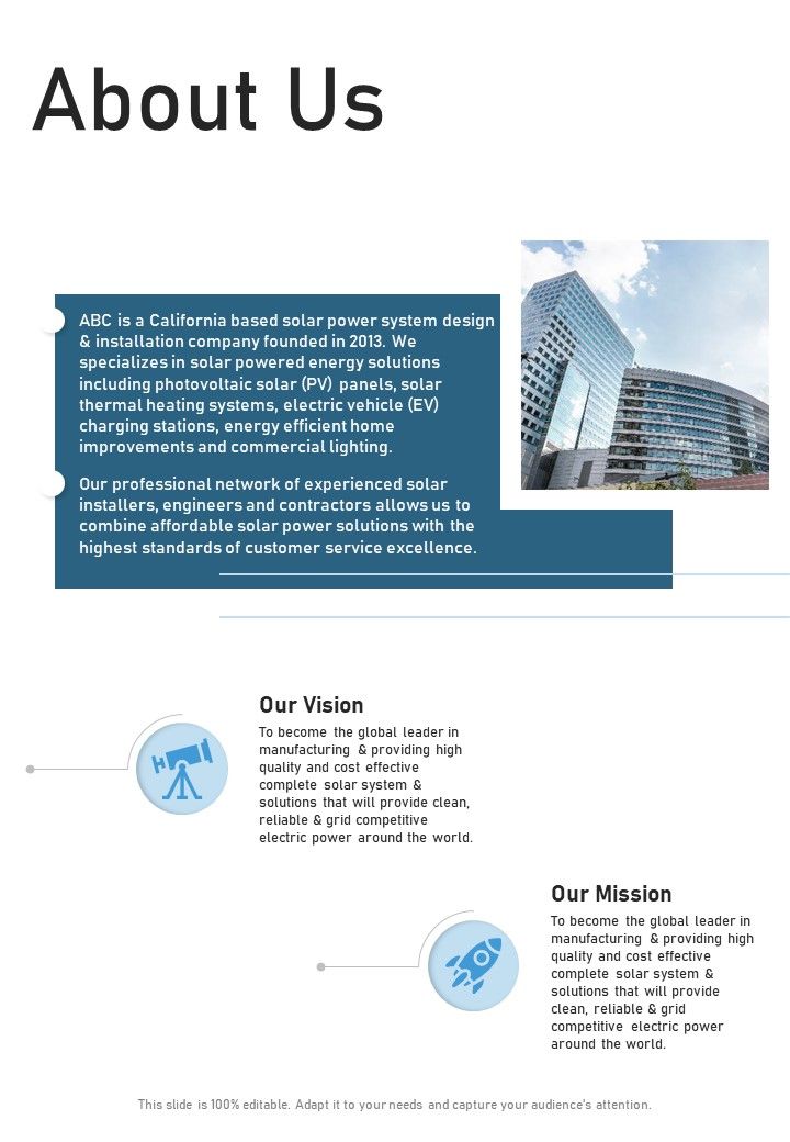 Solar Power Project Proposal About Us One Pager Sample Example Document | Presentation Graphics ...