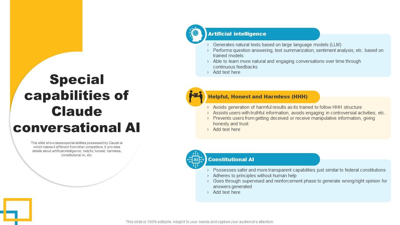 Special Capabilities Of Claude Conversational Ai Claude Ai A More Powerful Ai SS V PPT Presentation