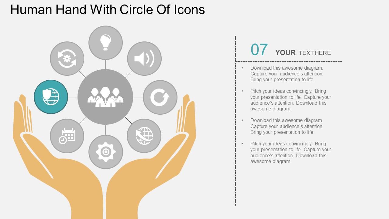 Sr Human Hand With Circle Of Icons Flat Powerpoint Design | PowerPoint ...
