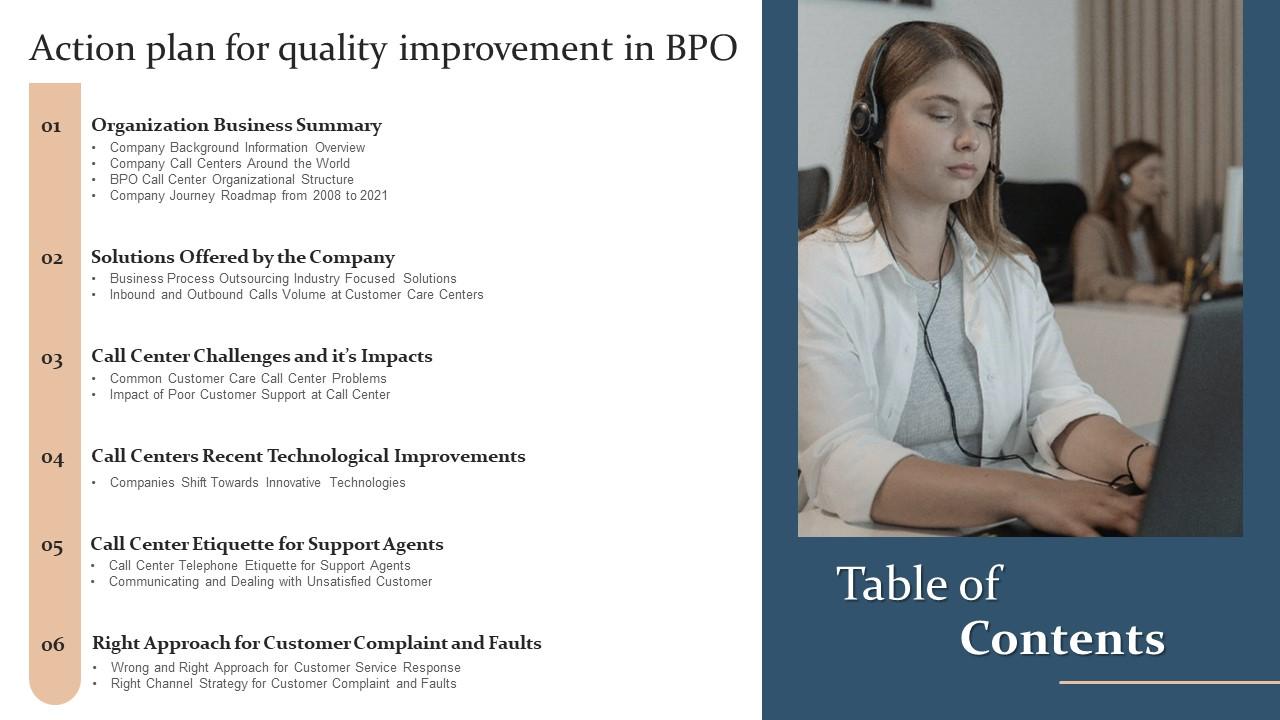 Table Of Contents Action Plan For Quality Improvement In Bpo Ppt Show ...