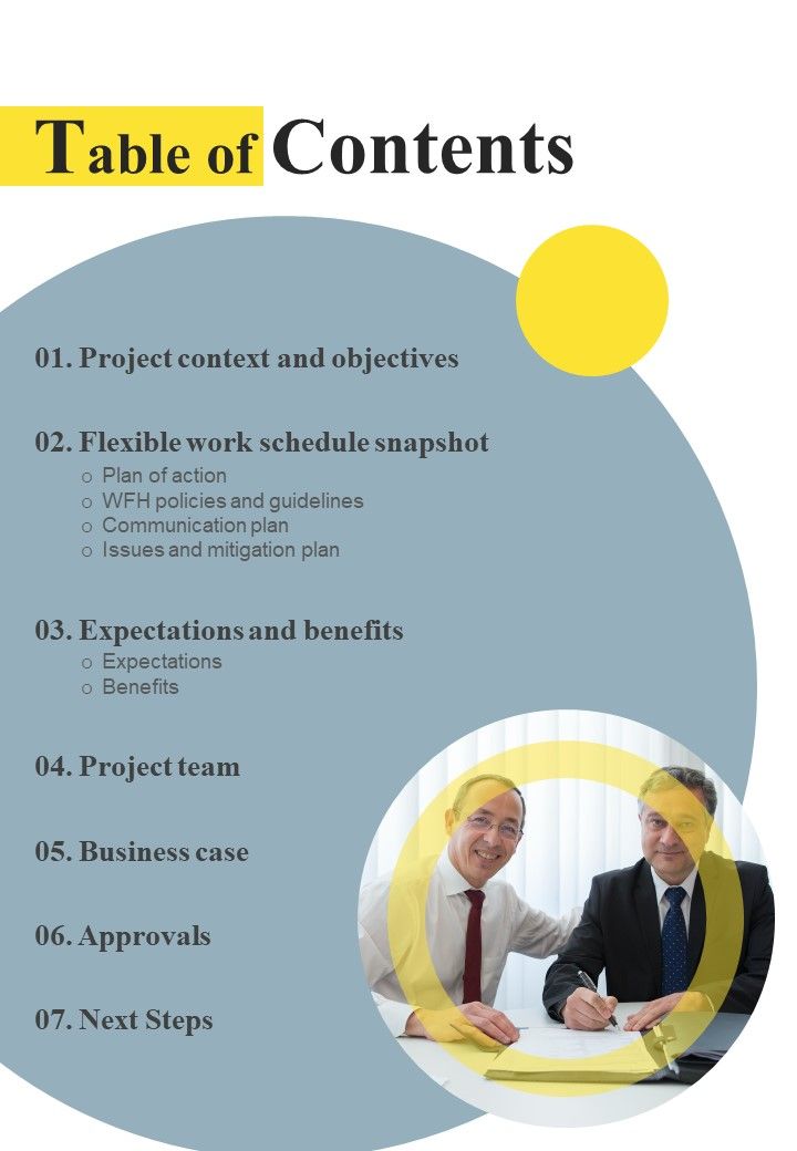 Table Of Contents For Flexible Work Timings One Pager Sample Example Document PPT Sample