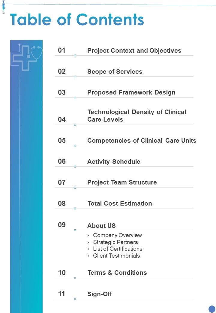Table Of Contents Healthcare Proposal One Pager Sample Example Document ...