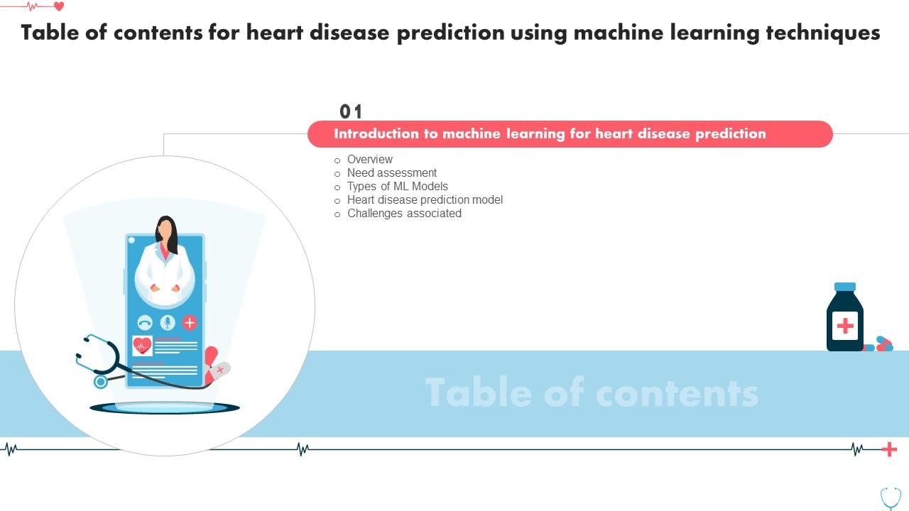 Table Of Contents Heart Disease Prediction Using Machine Learning Techniques ML SS PPT Slide