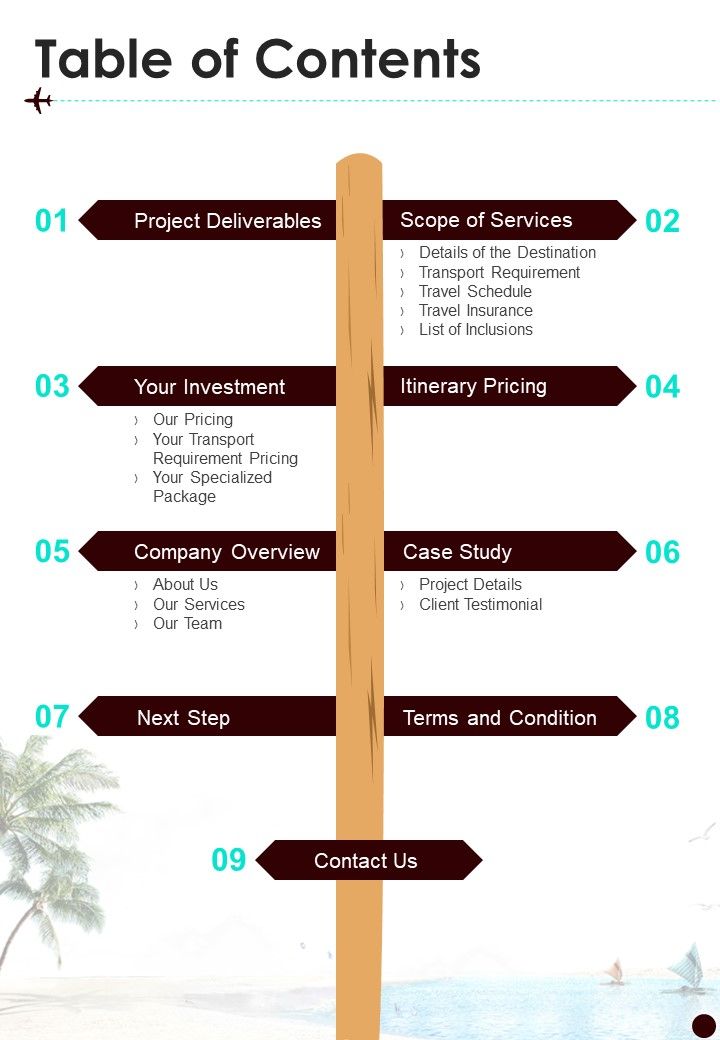 Table Of Contents Managing Corporate Tour And Travel Service One Pager Sample Example Document ...