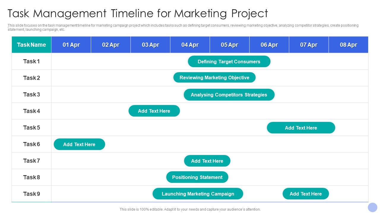 Task Management Timeline For Marketing Project Presentation Graphics