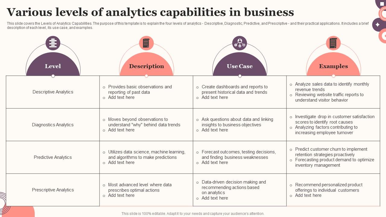 Various Levels Of Analytics Capabilities In Business Ppt Presentation