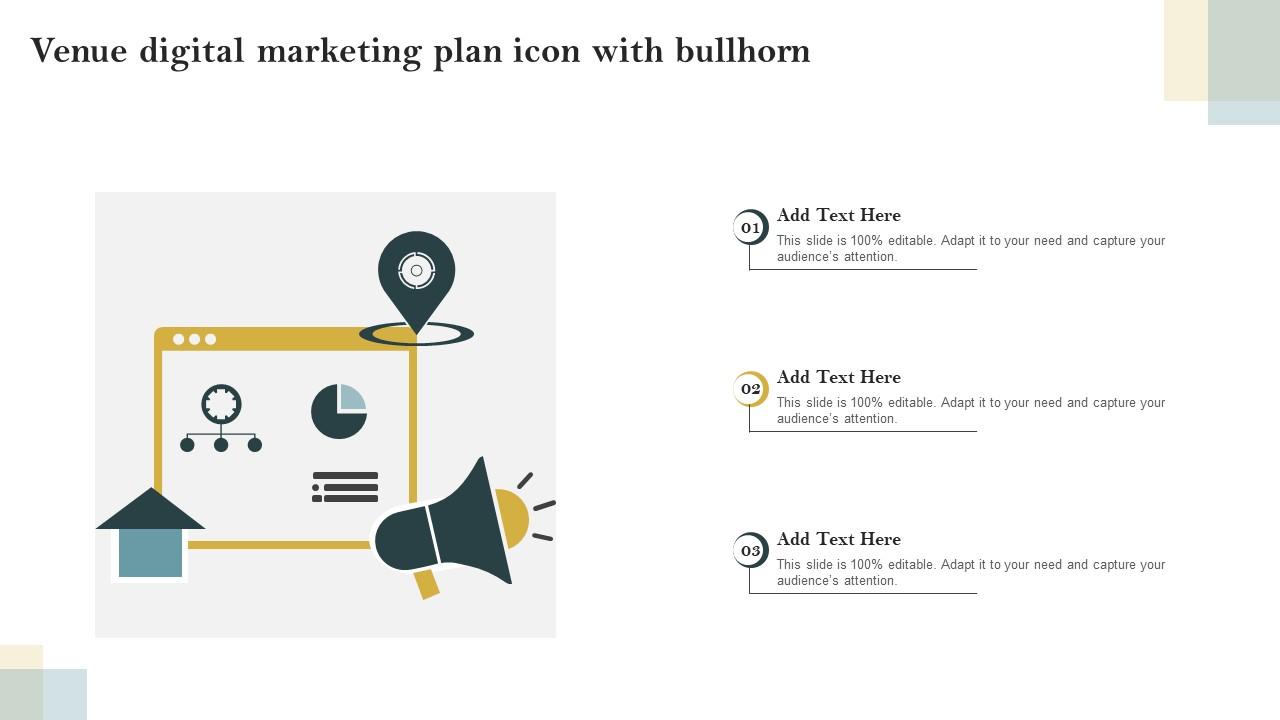 Venue Digital Marketing Plan Icon With Bullhorn PPT Slide