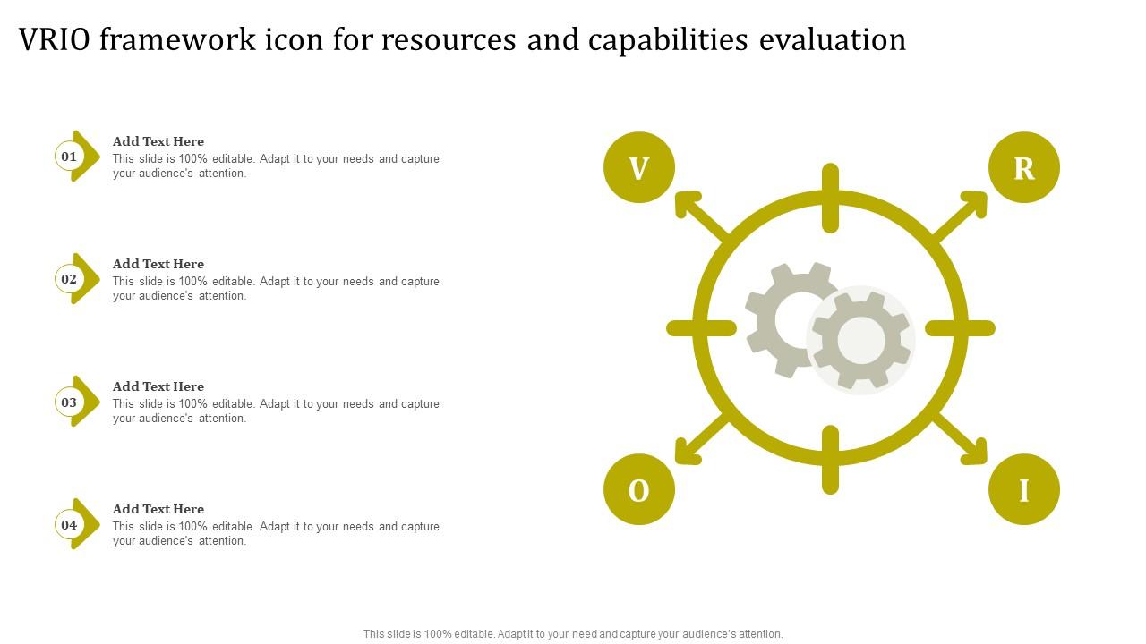 Vrio Framework Icon For Resources And Capabilities Evaluation Ppt Powerpoint