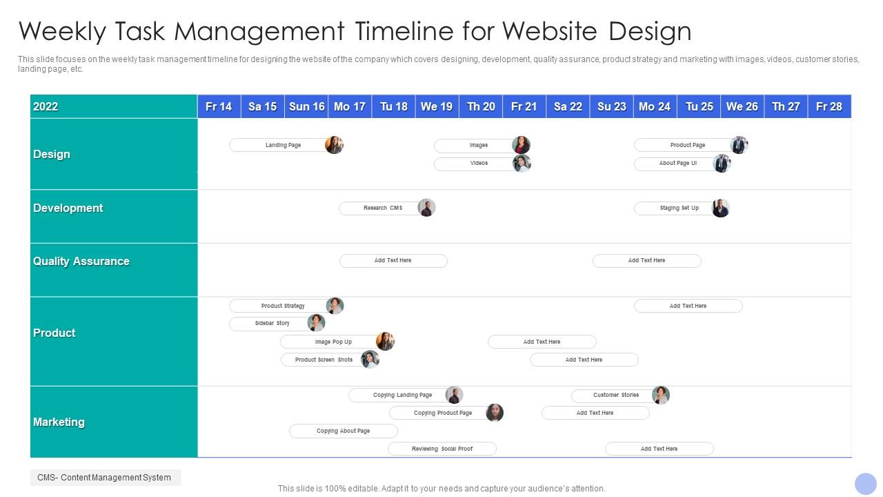 Weekly Task Management Timeline For Website Design Presentation