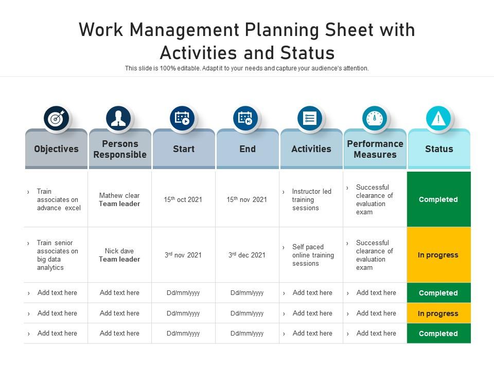 Work Management Planning Sheet With Activities And Status ...